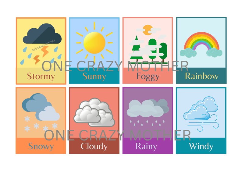 Printable Colorful Weather Flash Cards, Digital Download, Preschool ...
