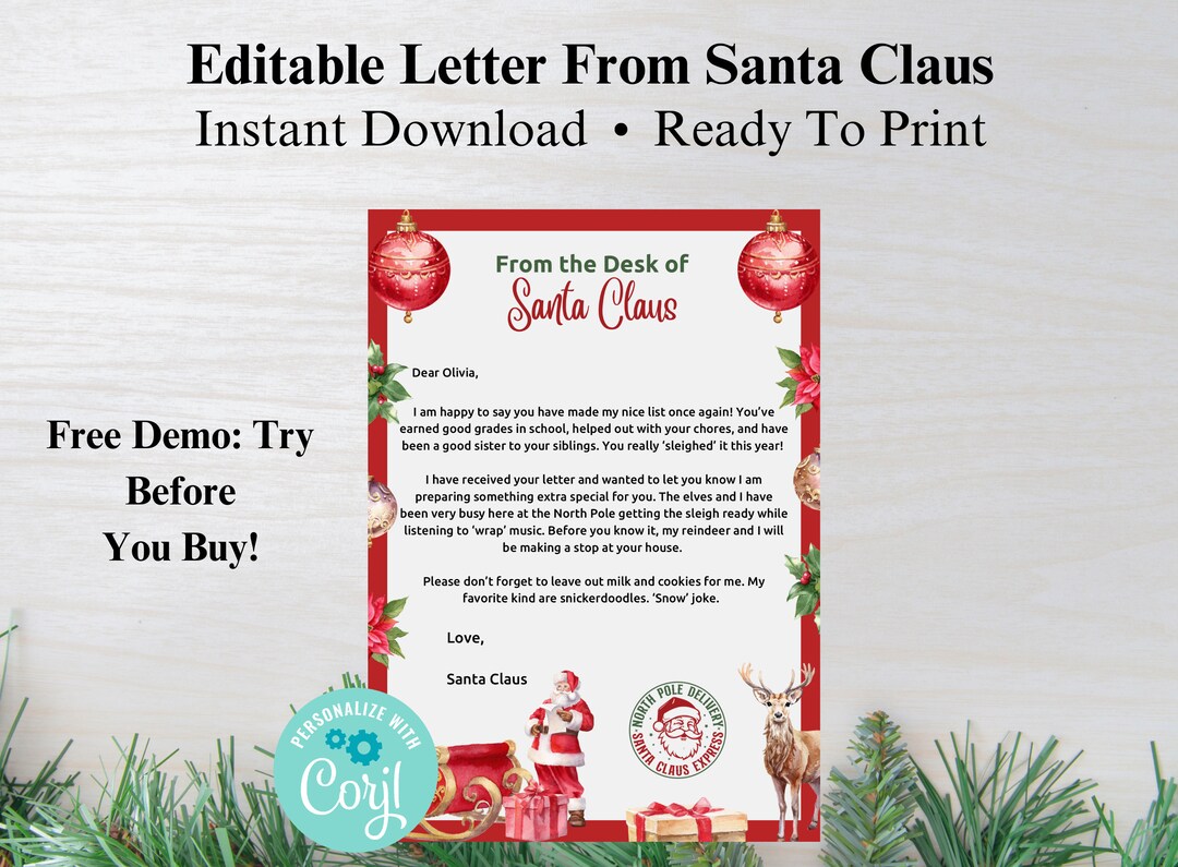 Editable Letter From Santa Personalized Santa Letter - Etsy