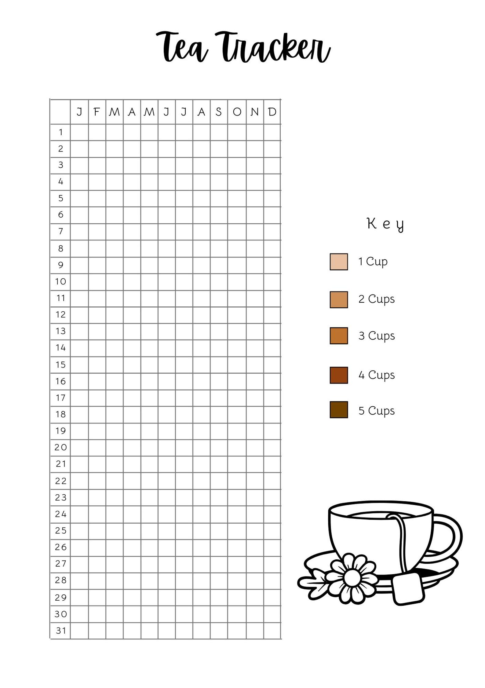 Tea Tracker - PRINTABLE Journal Page - Caffeine Tracker - Yearly Page ...