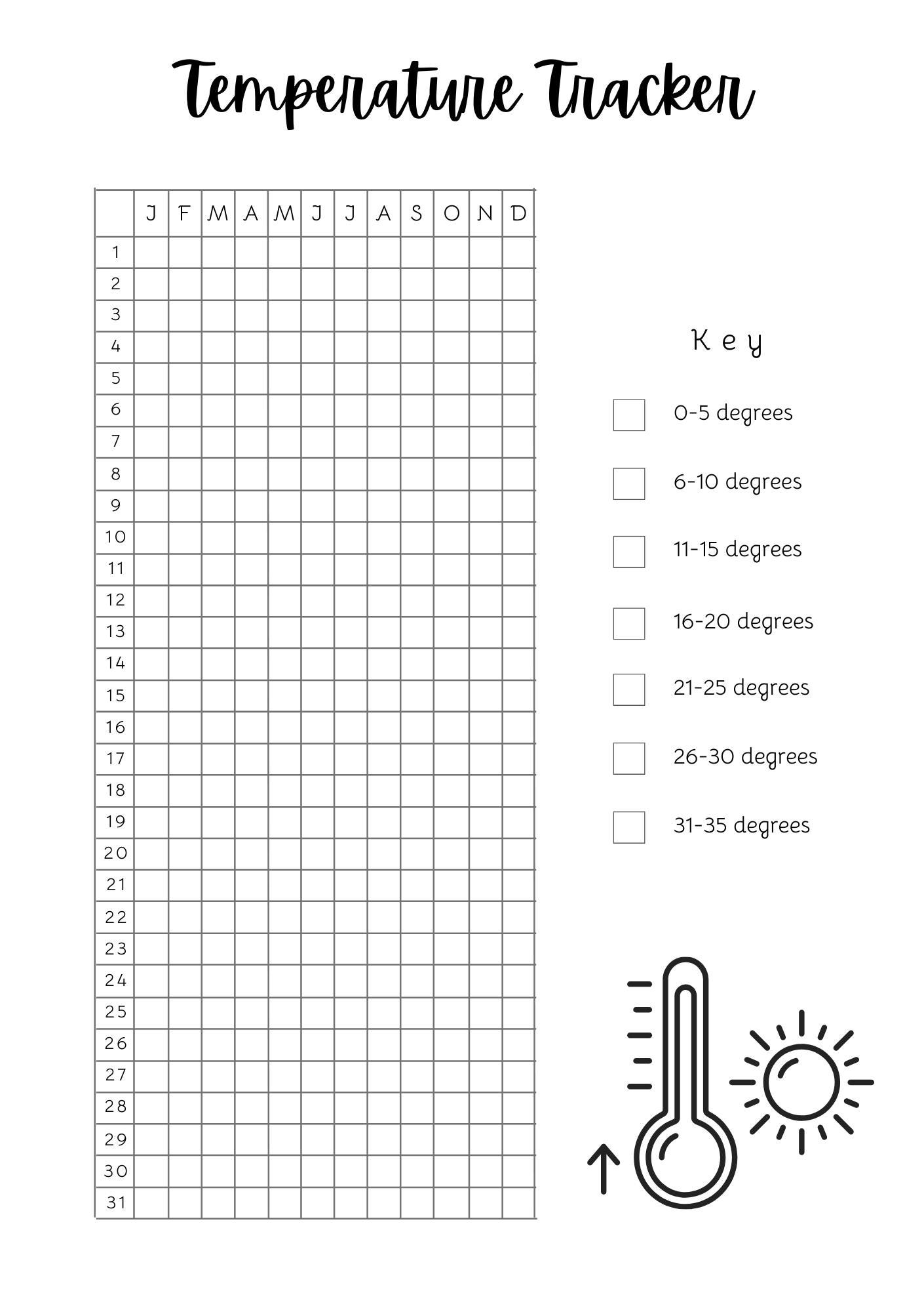 Temperature Tracker - PRINTABLE Journal Page - Weather Tracker - Yearly ...