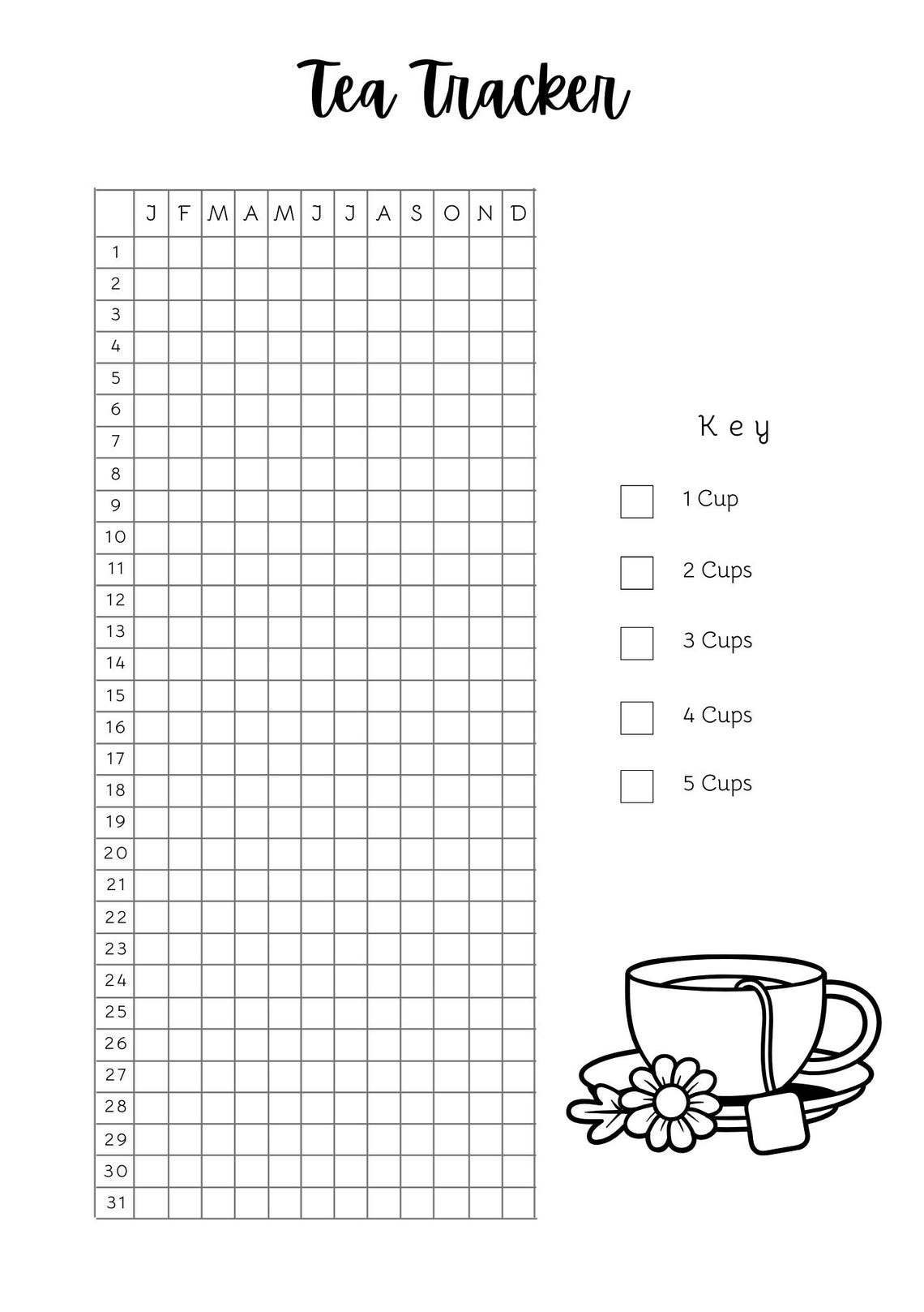 Tea Tracker - PRINTABLE Journal Page - Caffeine Tracker - Yearly Page ...