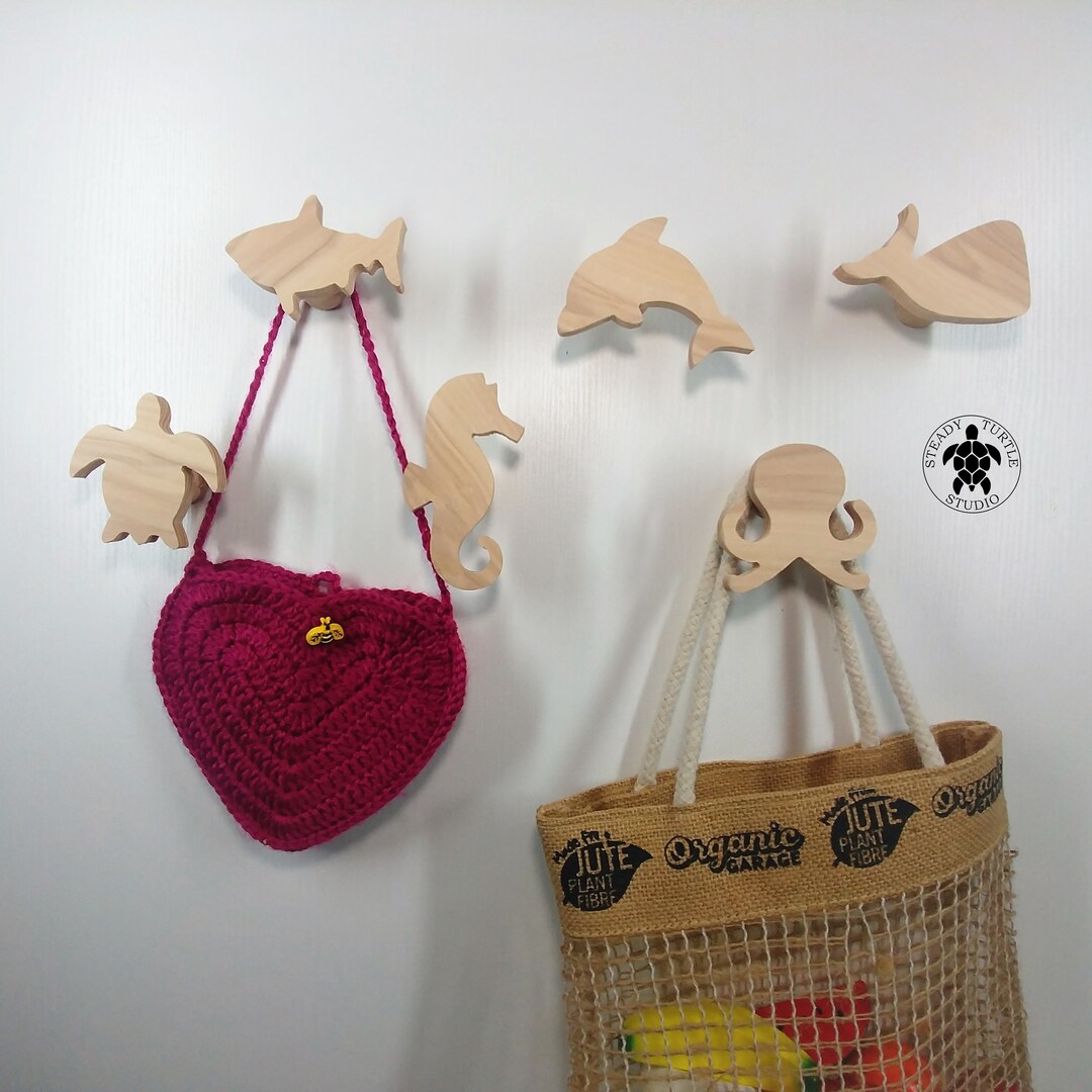Sea Animal Wall Hooks, Set of 6 Coat Hooks, Ocean Décor, Solid Oak Wood ...