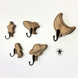 Space Themed Wall Hooks, 5 Coat Hooks, Solid Wood Hallway Hooks, Planet ...