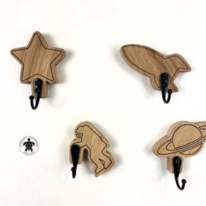 Space Themed Wall Hooks, 5 Coat Hooks, Solid Wood Hallway Hooks, Planet ...