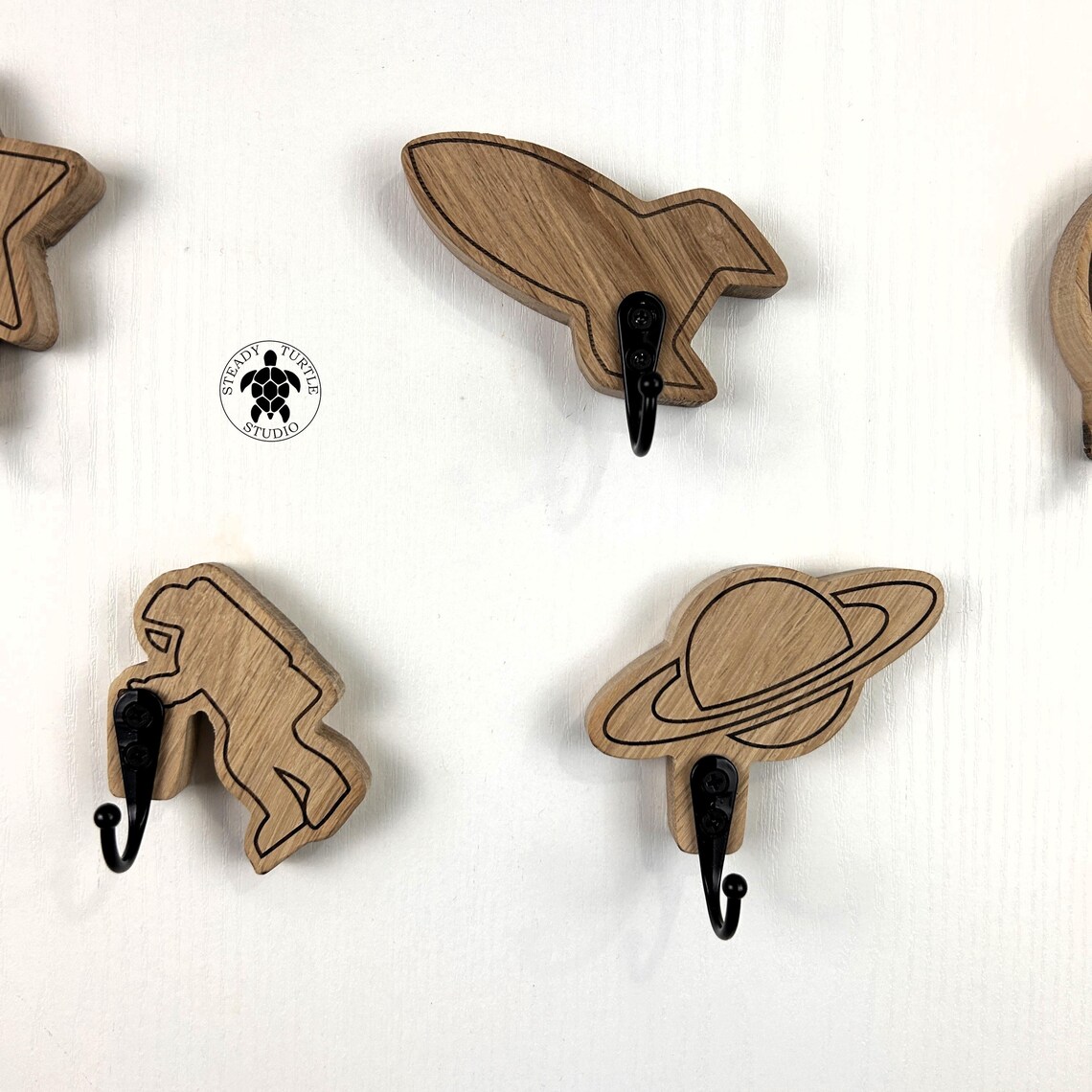 Space Themed Wall Hooks, 5 Coat Hooks, Solid Wood Hallway Hooks, Planet ...
