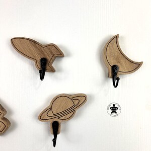 Space Themed Wall Hooks, 5 Coat Hooks, Solid Wood Hallway Hooks, Planet ...