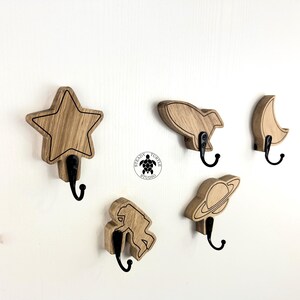 Space Themed Wall Hooks, 5 Coat Hooks, Solid Wood Hallway Hooks, Planet ...