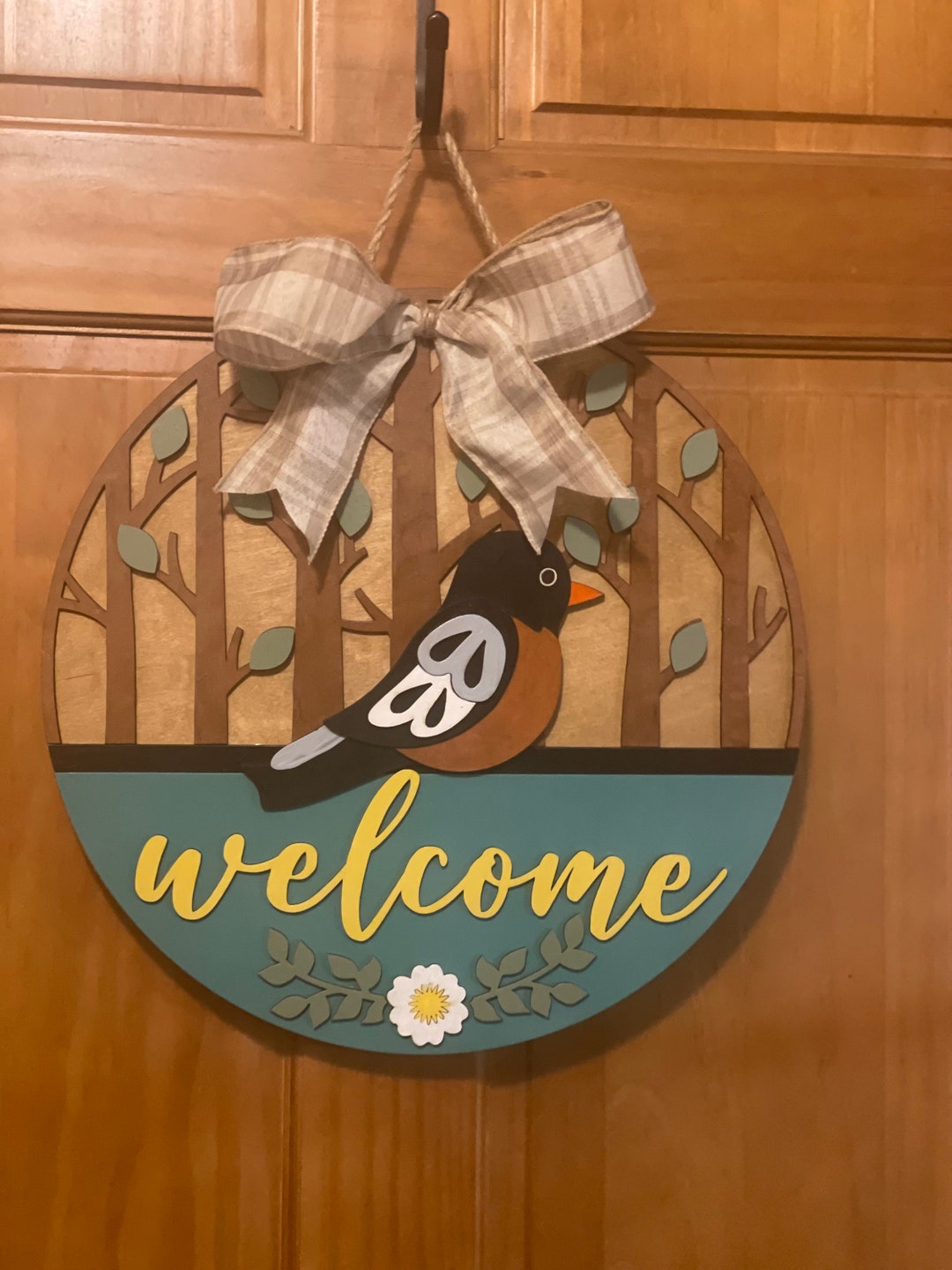 Robin Front Door Decor | Welcome Door Hanger | 3D Lettering | Round ...