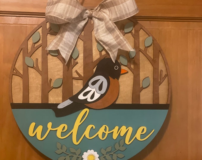Robin Front Door Decor | Welcome Door Hanger | 3D Lettering | Round ...