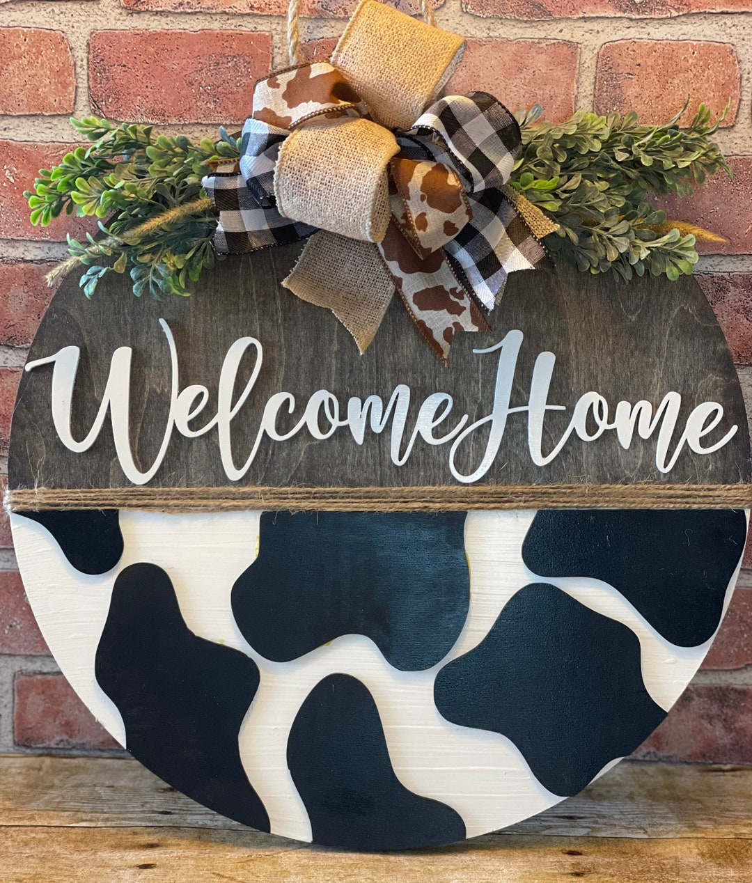 Welcome Home Cow Print Sign | Round Door Sign | Farmhouse Sign ...