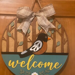 Robin Front Door Decor | Welcome Door Hanger | 3D Lettering | Round ...