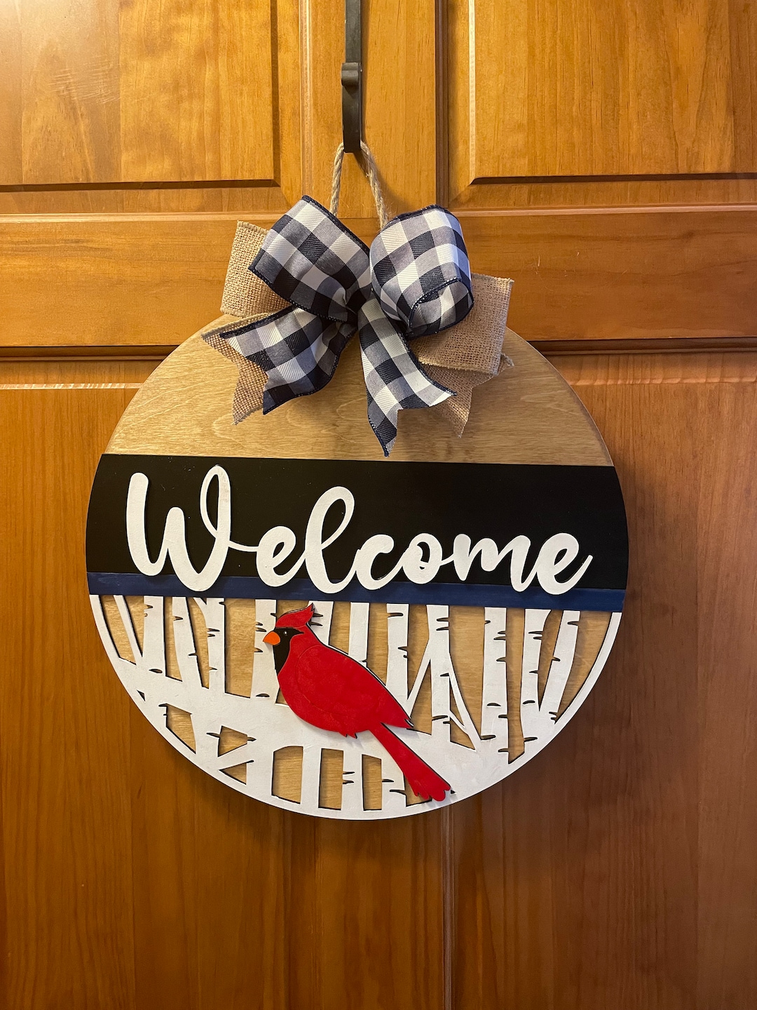 Cardinal Front Door Decor | Welcome Door Hanger | 3D Lettering | Round ...