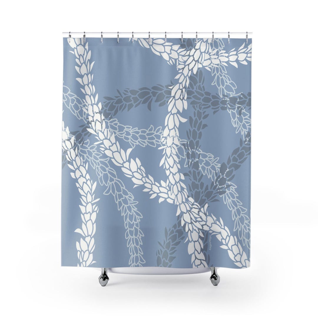 Pikake Wishes Shower Curtain in Cyan Blue, Hawaiian Flower Lei Strands ...