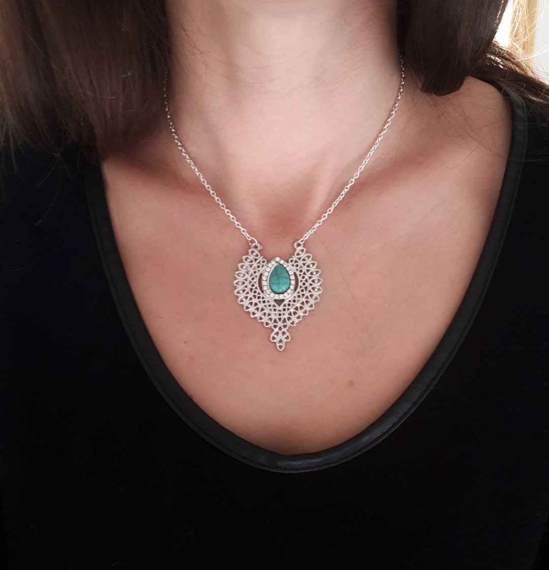 Ornate Large Turquoise Pendant Necklace - Etsy