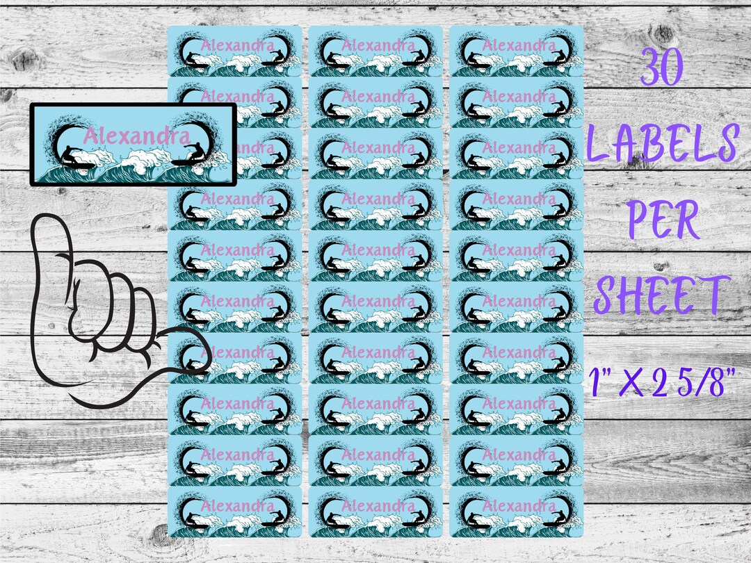 Back to School Name Labels Ocean Motif Surfer Surfing Aqua Blue Ocean ...