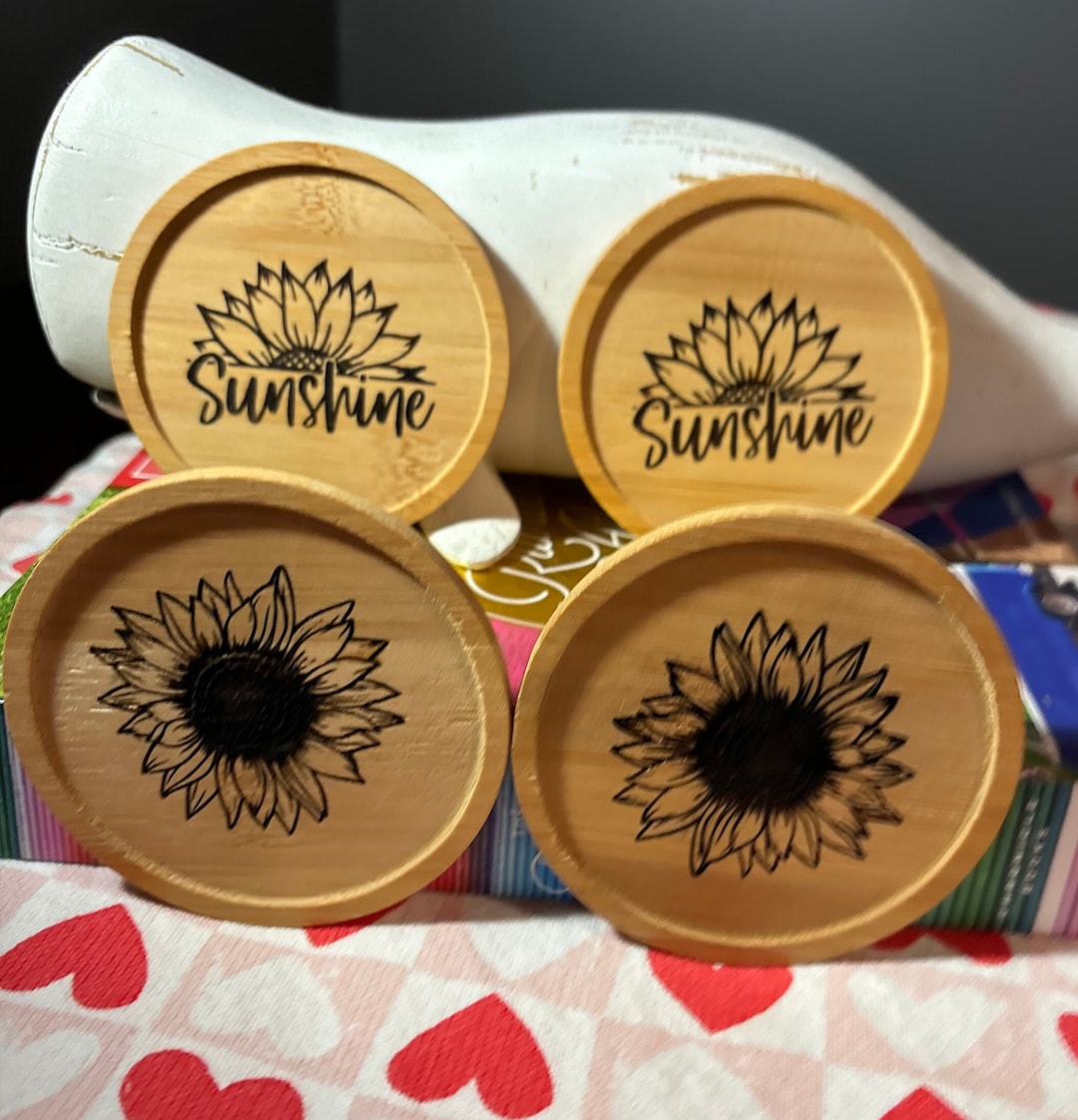 Sunflower Wood Coaster, Laser Engraved Sunshine Wooden Coasters, Flower ...
