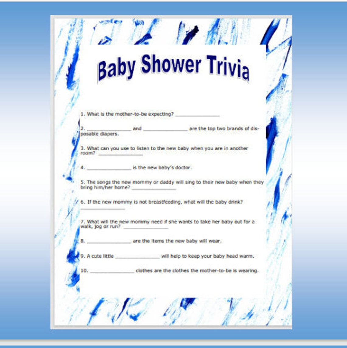 Blue Baby Shower Trivia Baby Shower Trivia Game Baby Shower - Etsy