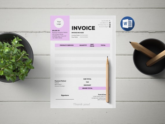 Purple Invoice Template Word Receipt Template Invoice Word - Etsy