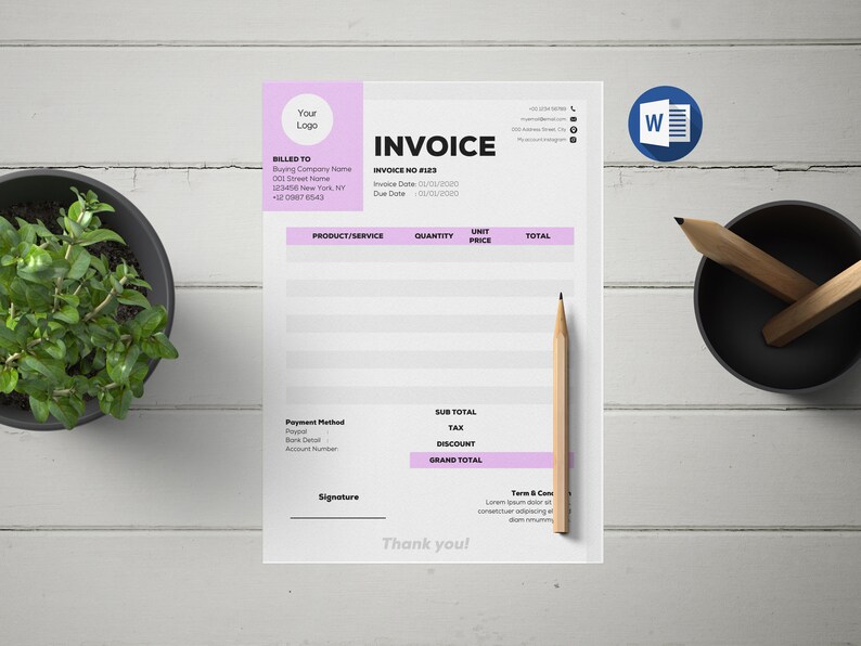 Purple Invoice Template Word Receipt Template Invoice Word - Etsy