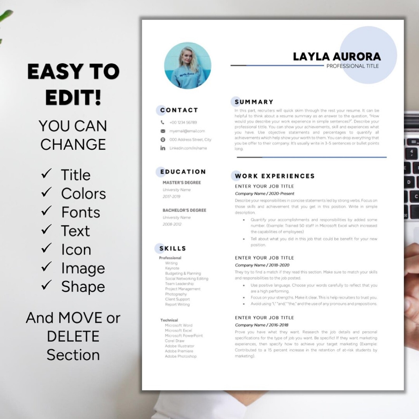 Blue Resume Template Word, Cv Template, Professional Resume, Creative ...