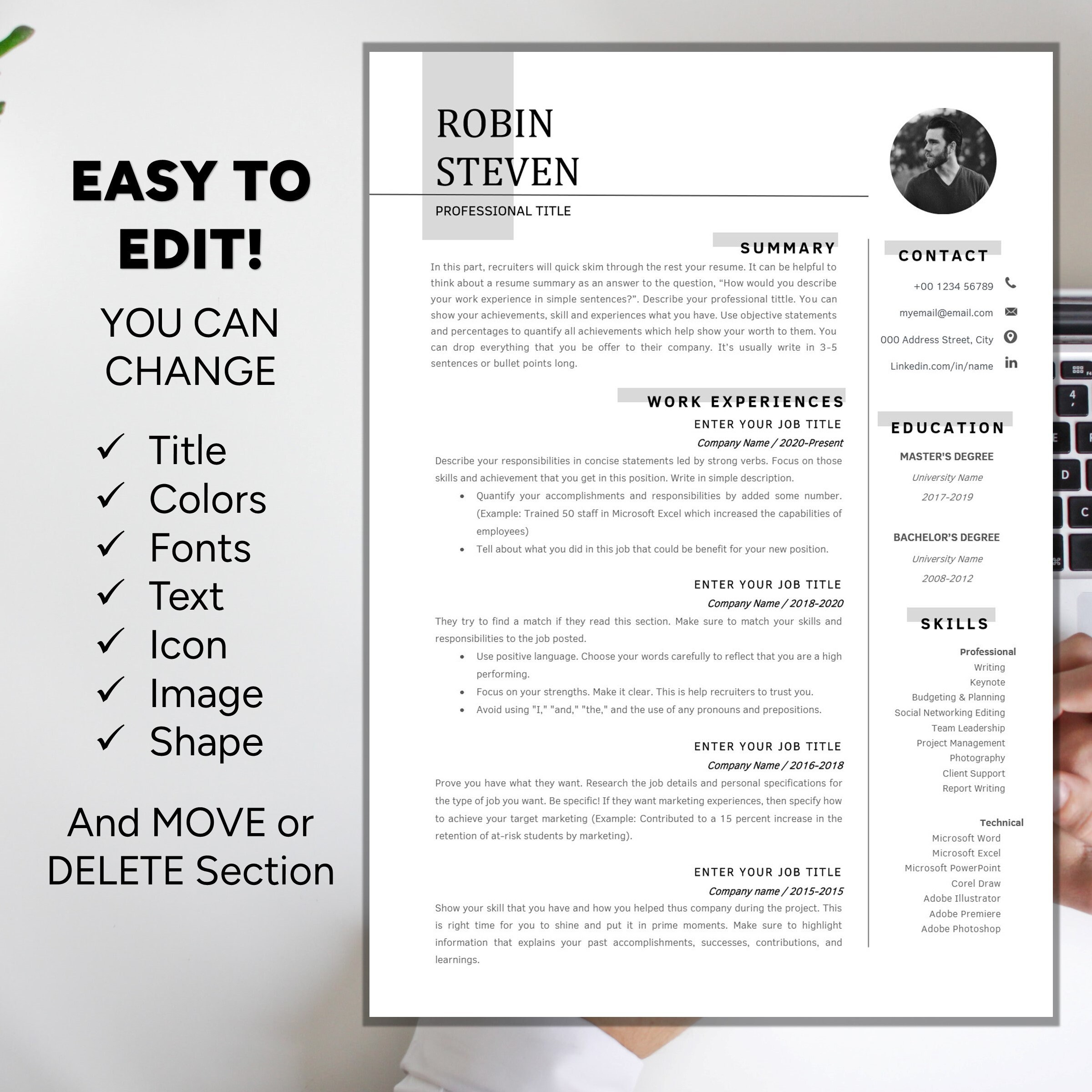 Gray Resume Template, Professional CV, Cover Letter (MS Word) - Etsy