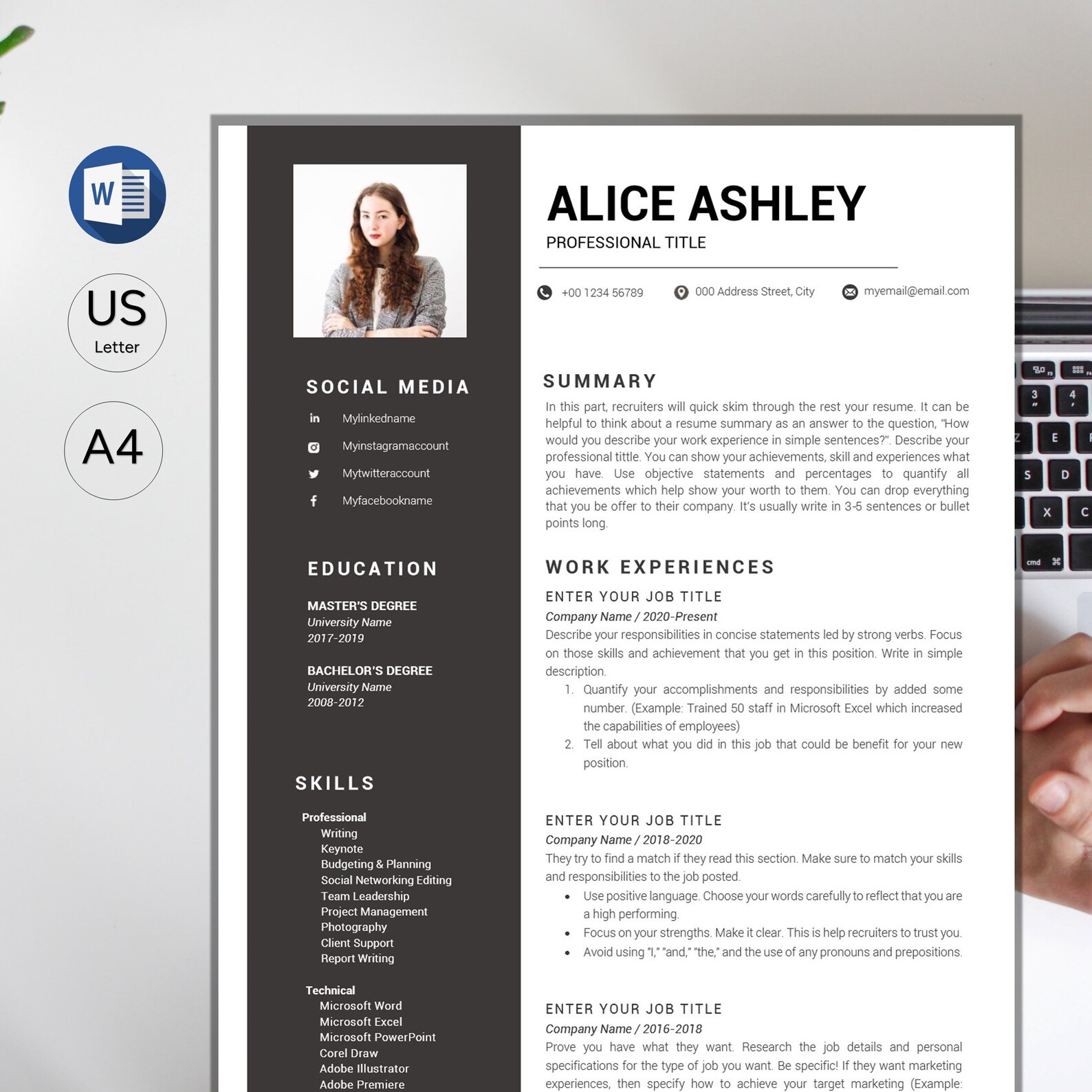 Dark Resume Template Word, Cv Template, Professional Resume, Creative ...