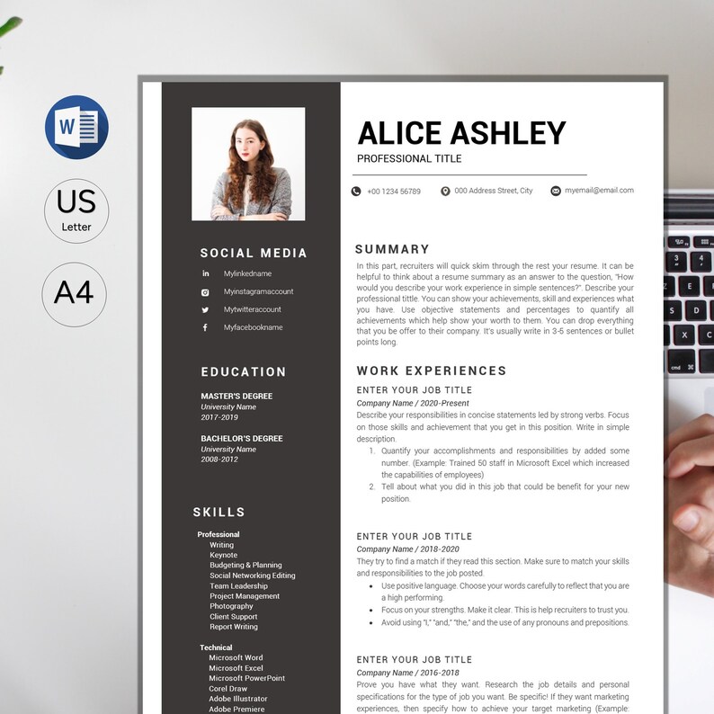 Dark Resume Template Word, Cv Template, Professional Resume, Creative ...