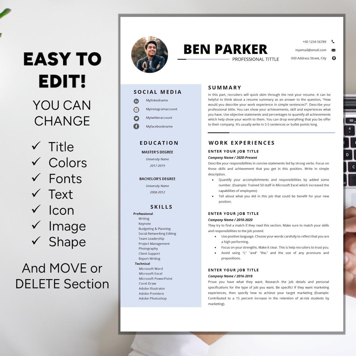 Light Resume Template Word, Cv Template, Professional Resume, Creative ...