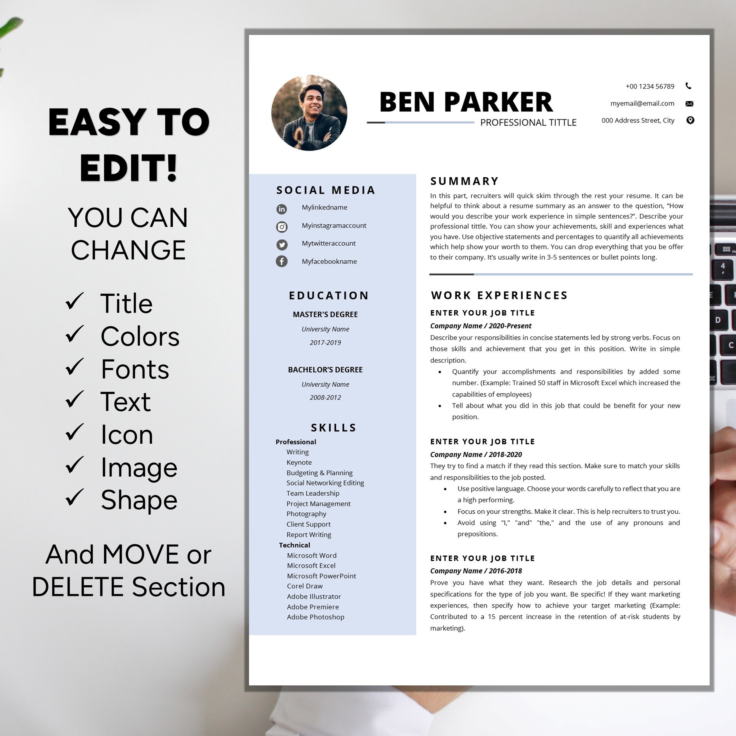 Light Resume Template Word, Cv Template, Professional Resume, Creative ...