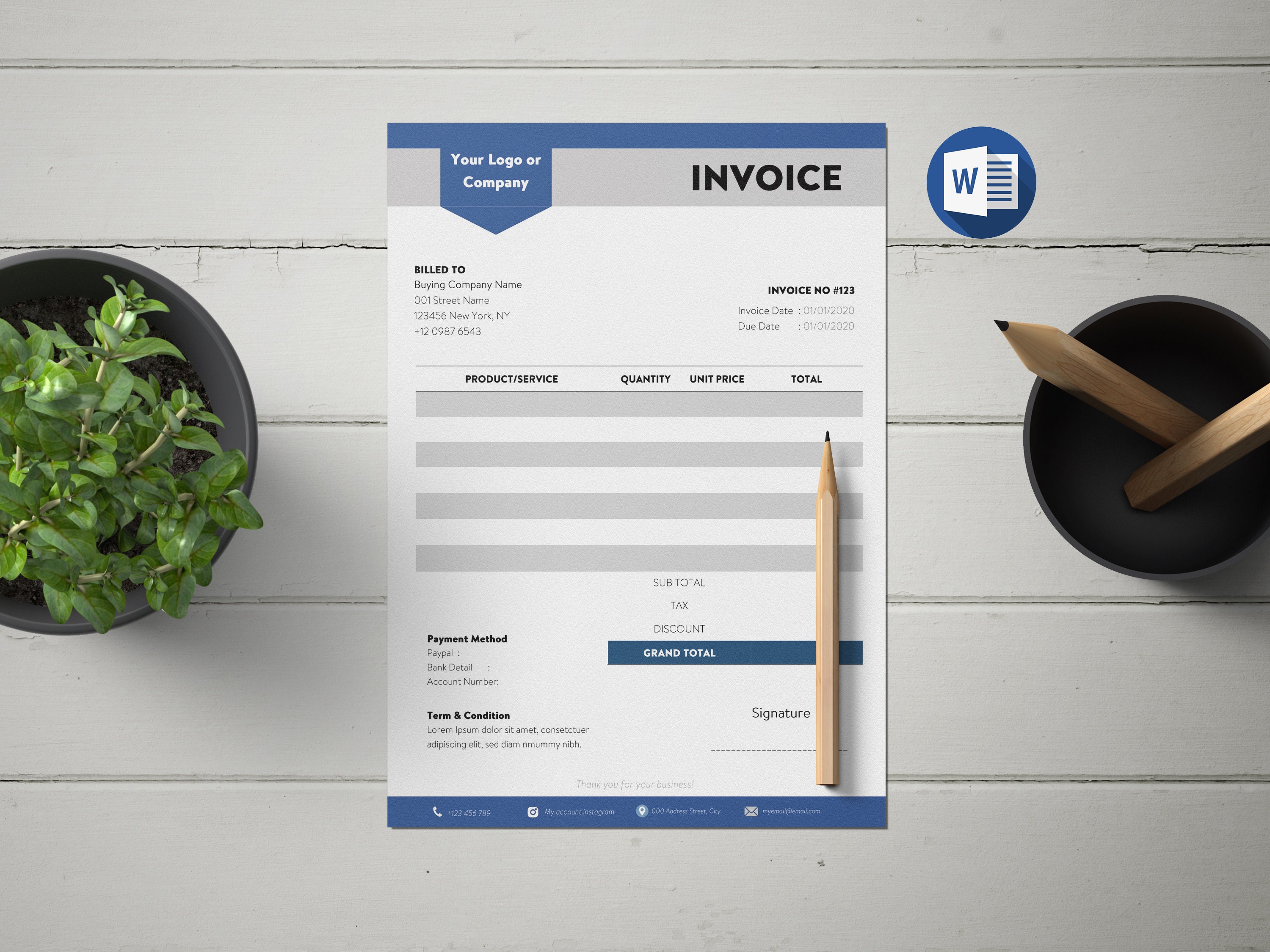 Gray Blue Invoice Template Word Receipt Template Invoice - Etsy