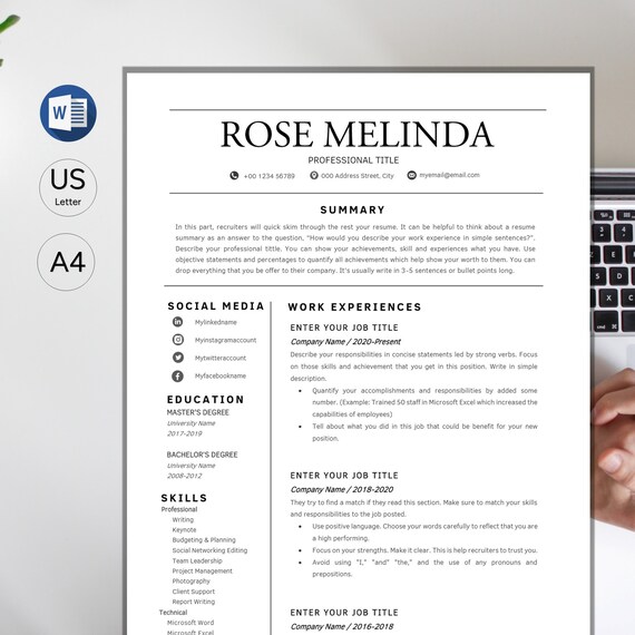 2 Pages Resume Template Word Cv Template Professional | Etsy