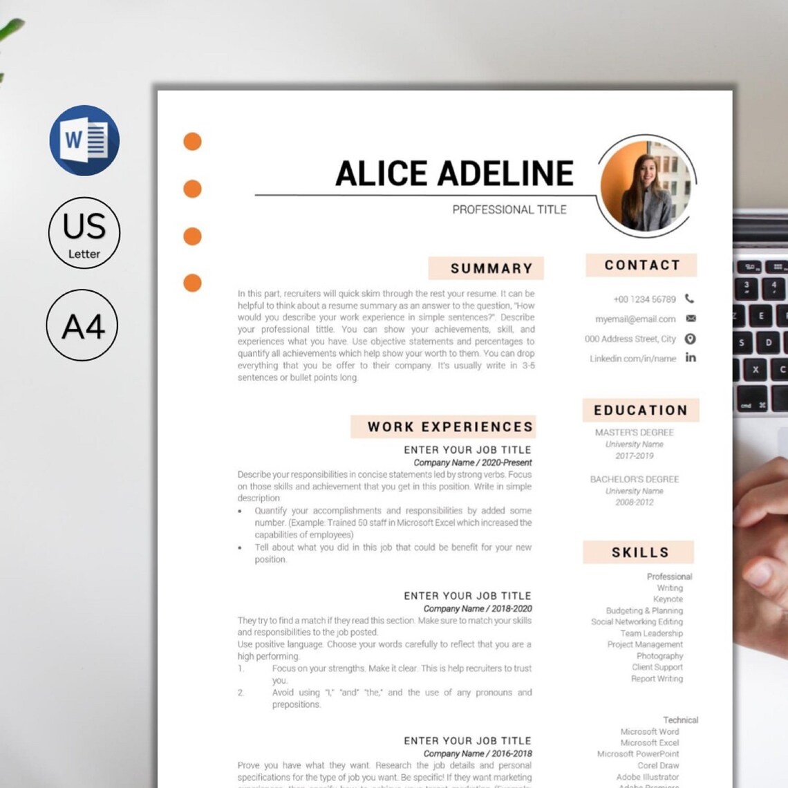 Orange Resume Template Word, Cv Template, Professional Resume, Creative ...