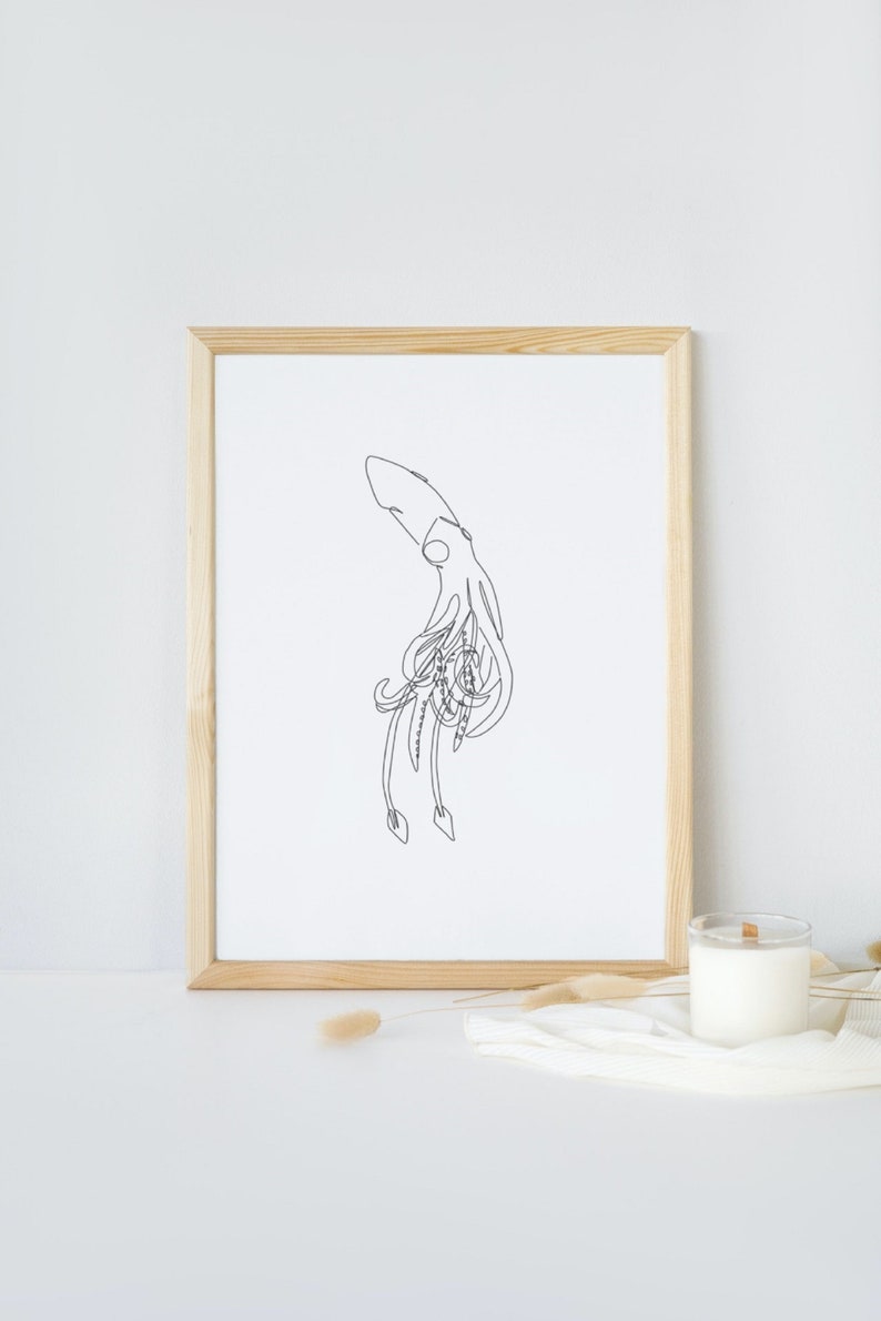 Squid Line Art Drawing, Squid Art, Sea Squid Art, Sea Animal Print, Sea ...