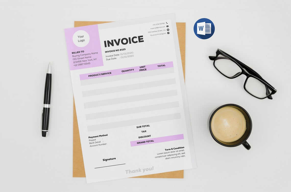 Purple Invoice Template Word Receipt Template Invoice Word - Etsy