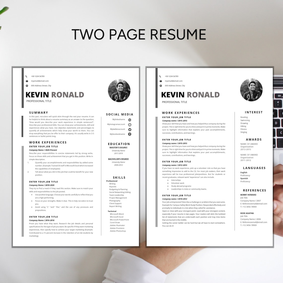 Gray Resume Template Word, Cv Template, Professional Resume, Creative ...