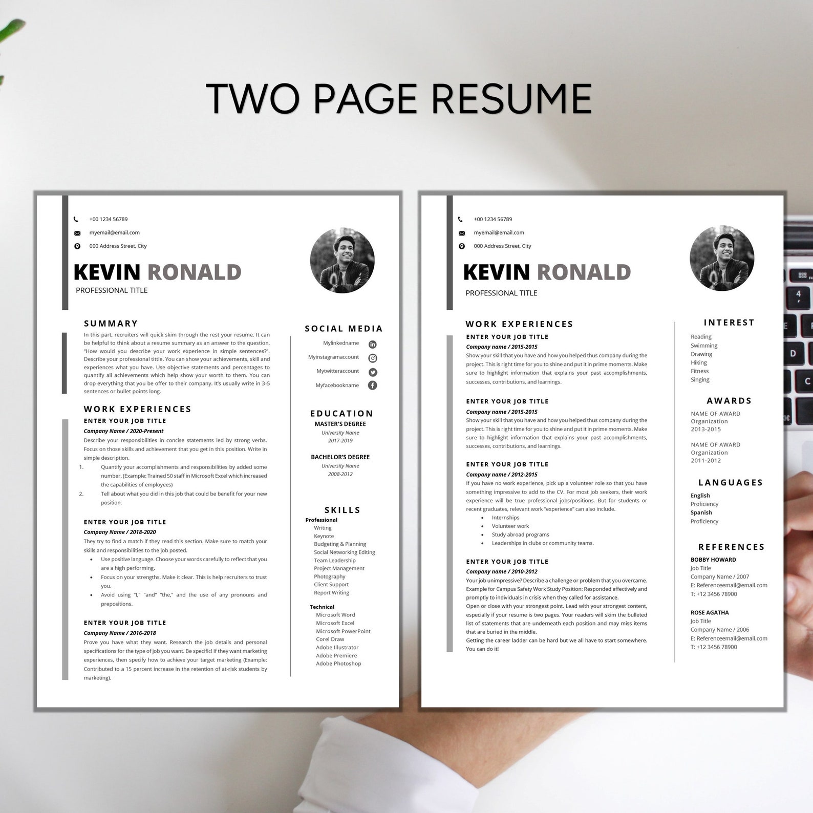 Gray Resume Template Word, Cv Template, Professional Resume, Creative ...