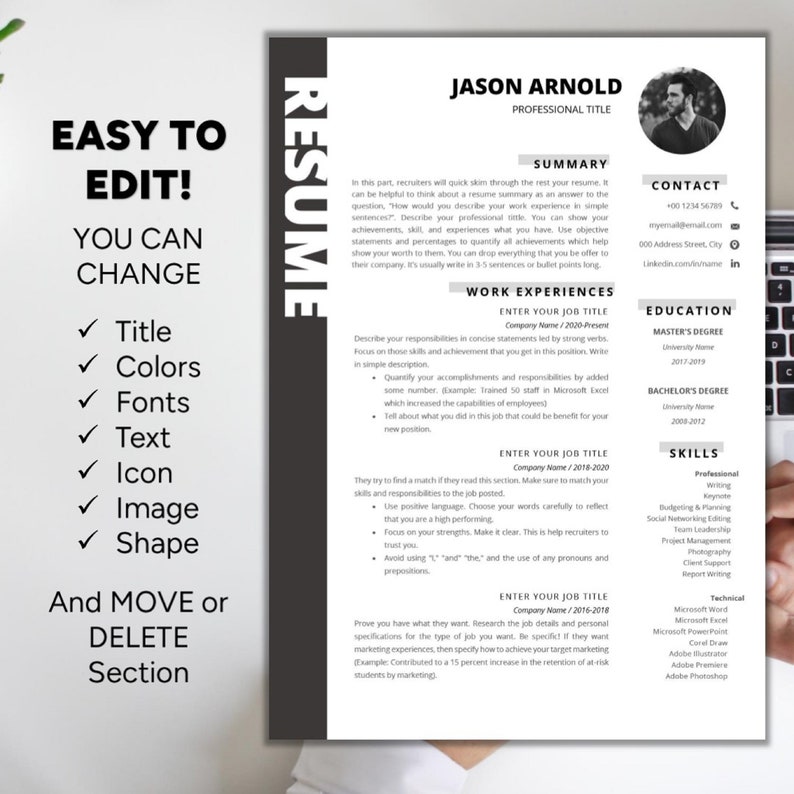 Black Resume Template Word, Cv Template, Professional Resume, Creative ...