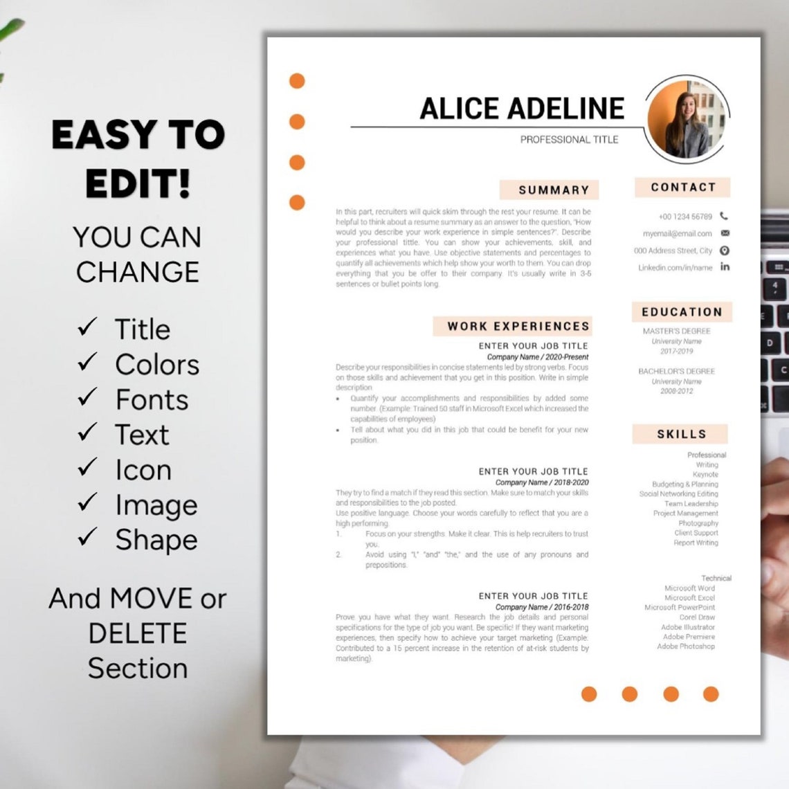 Orange Resume Template Word, Cv Template, Professional Resume, Creative ...