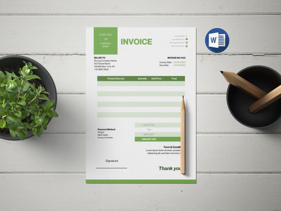 Green Invoice Template Word Receipt Template Invoice Form | Etsy