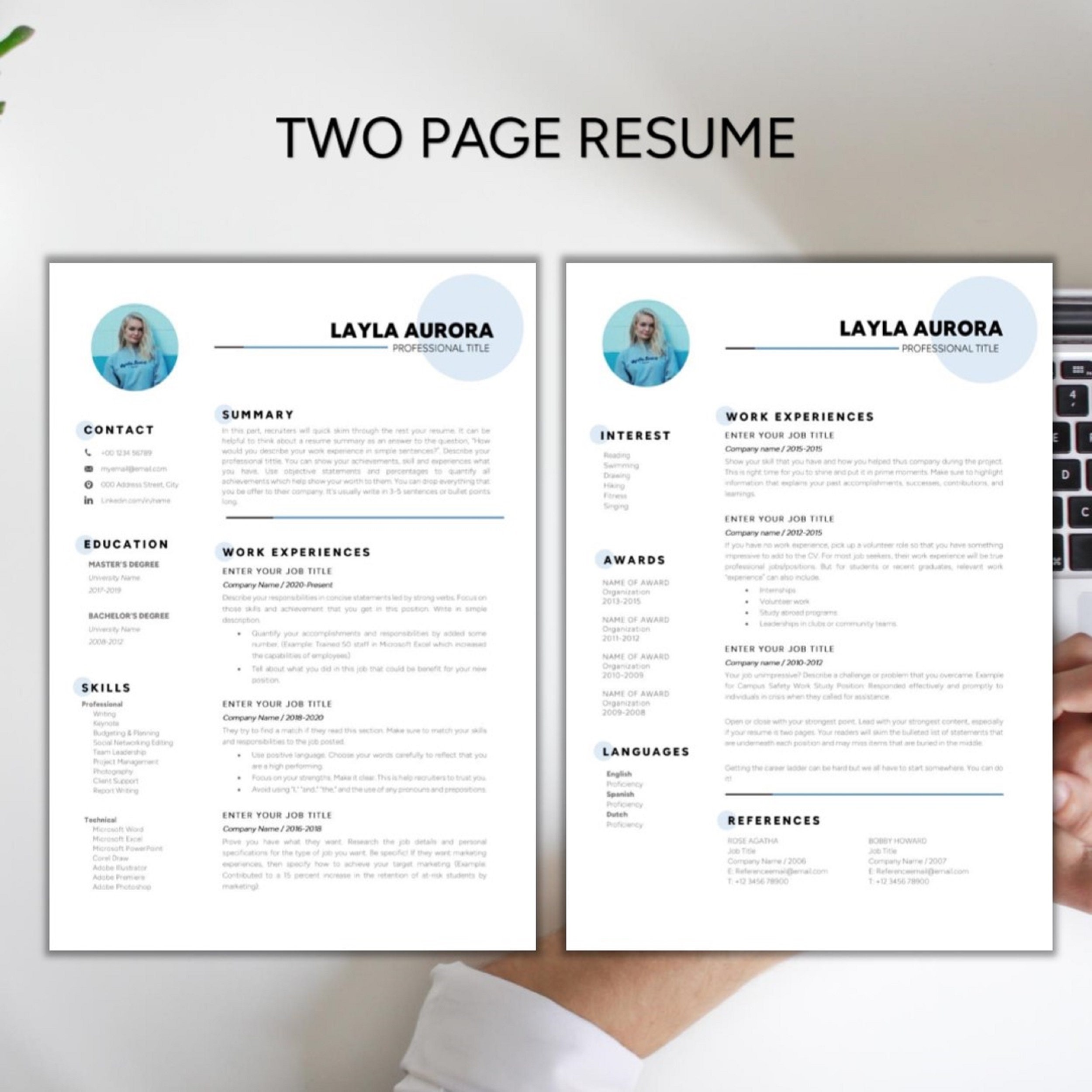 Blue Resume Template Word, Cv Template, Professional Resume, Creative ...