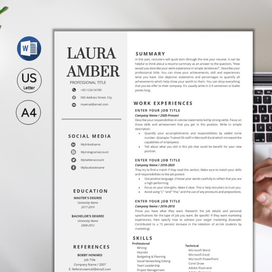 Clean Resume Template Word, Cv Template, Professional Resume, Creative ...