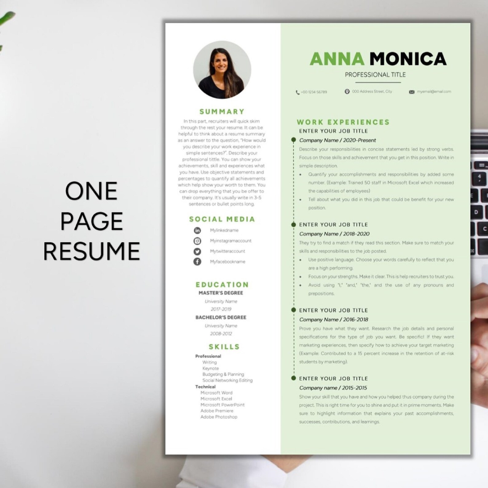 Green Resume Template Word, Cv Template, Professional Resume, Creative ...