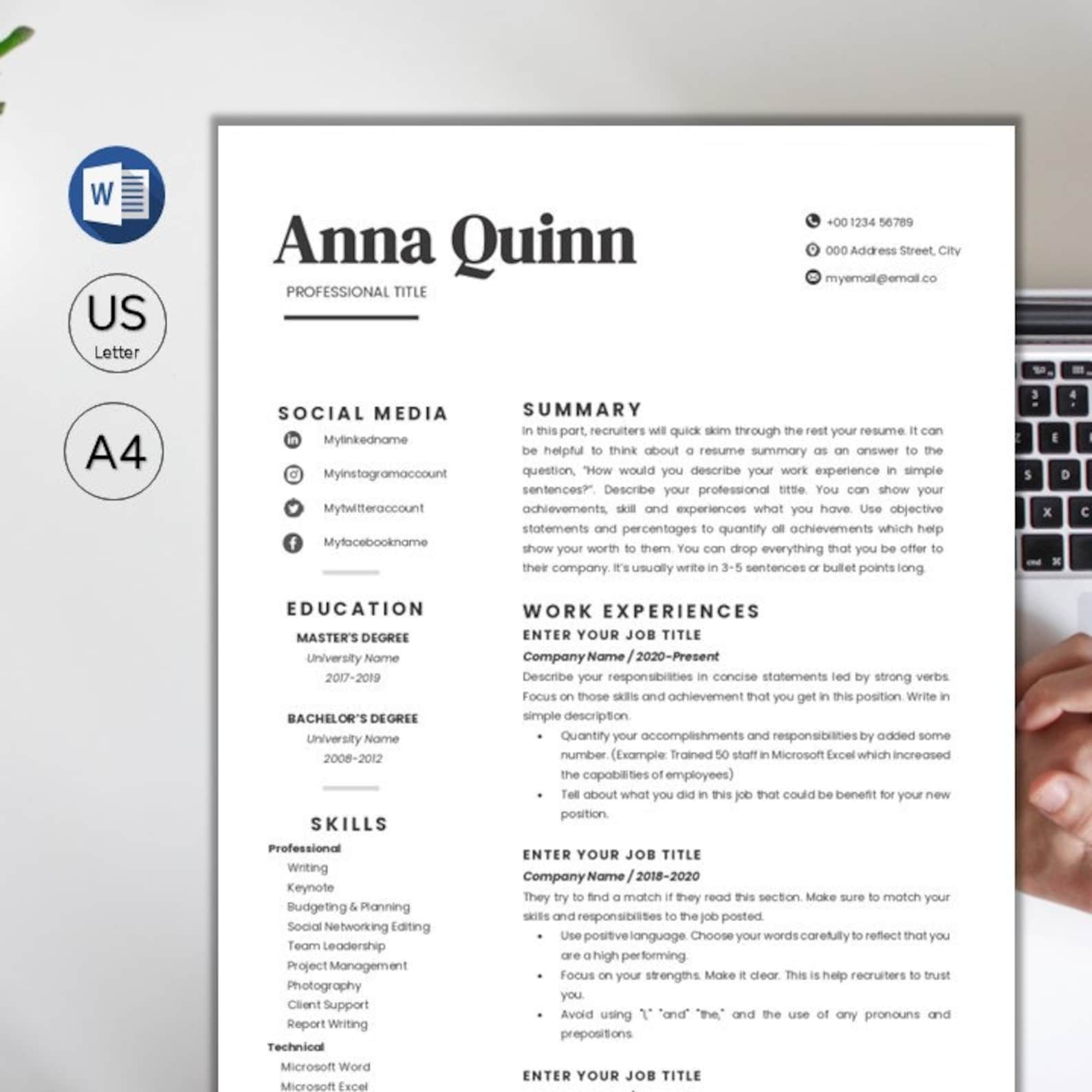 Simple Resume Template Word, Cv Template, Professional Resume, Creative ...