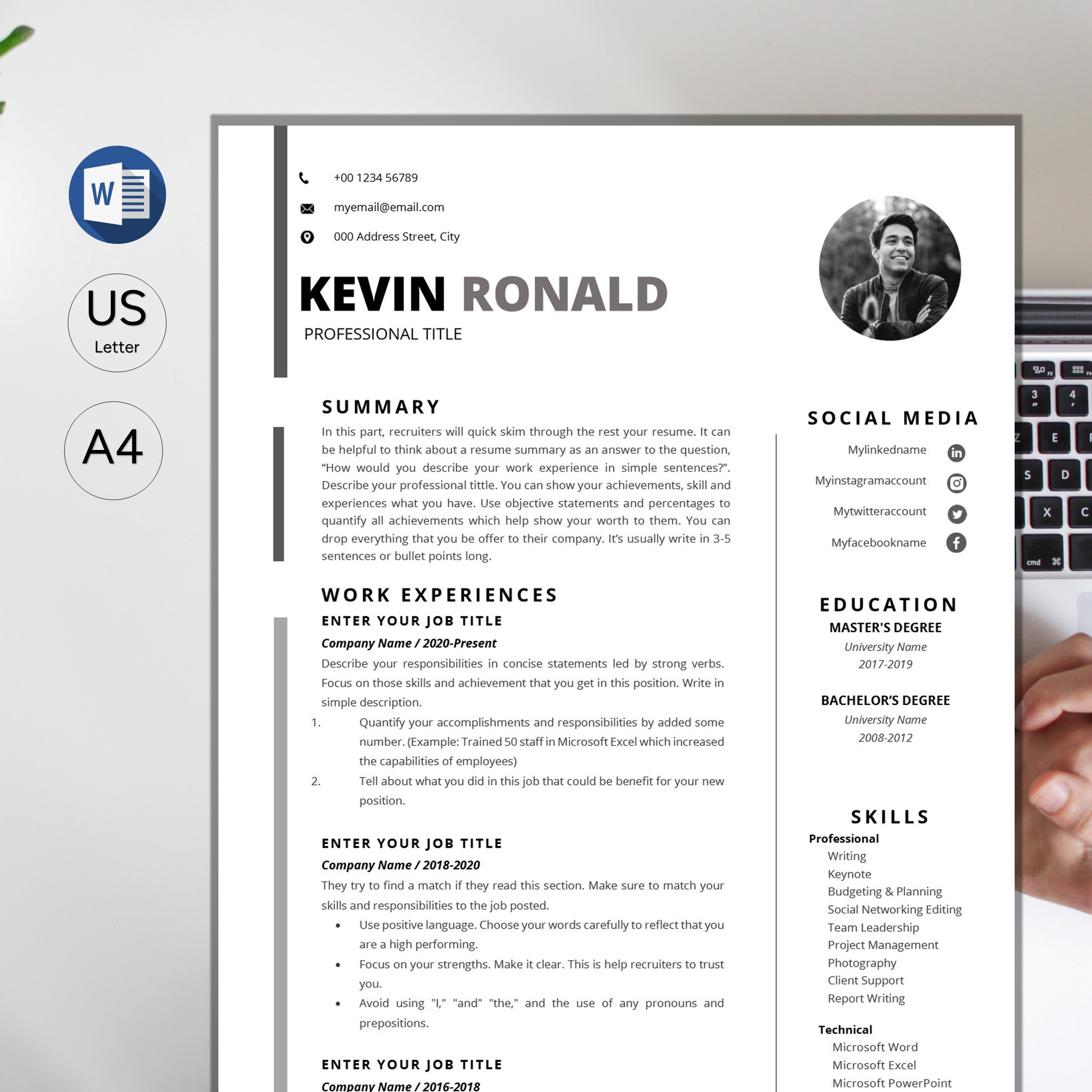Gray Resume Template Word, Cv Template, Professional Resume, Creative ...