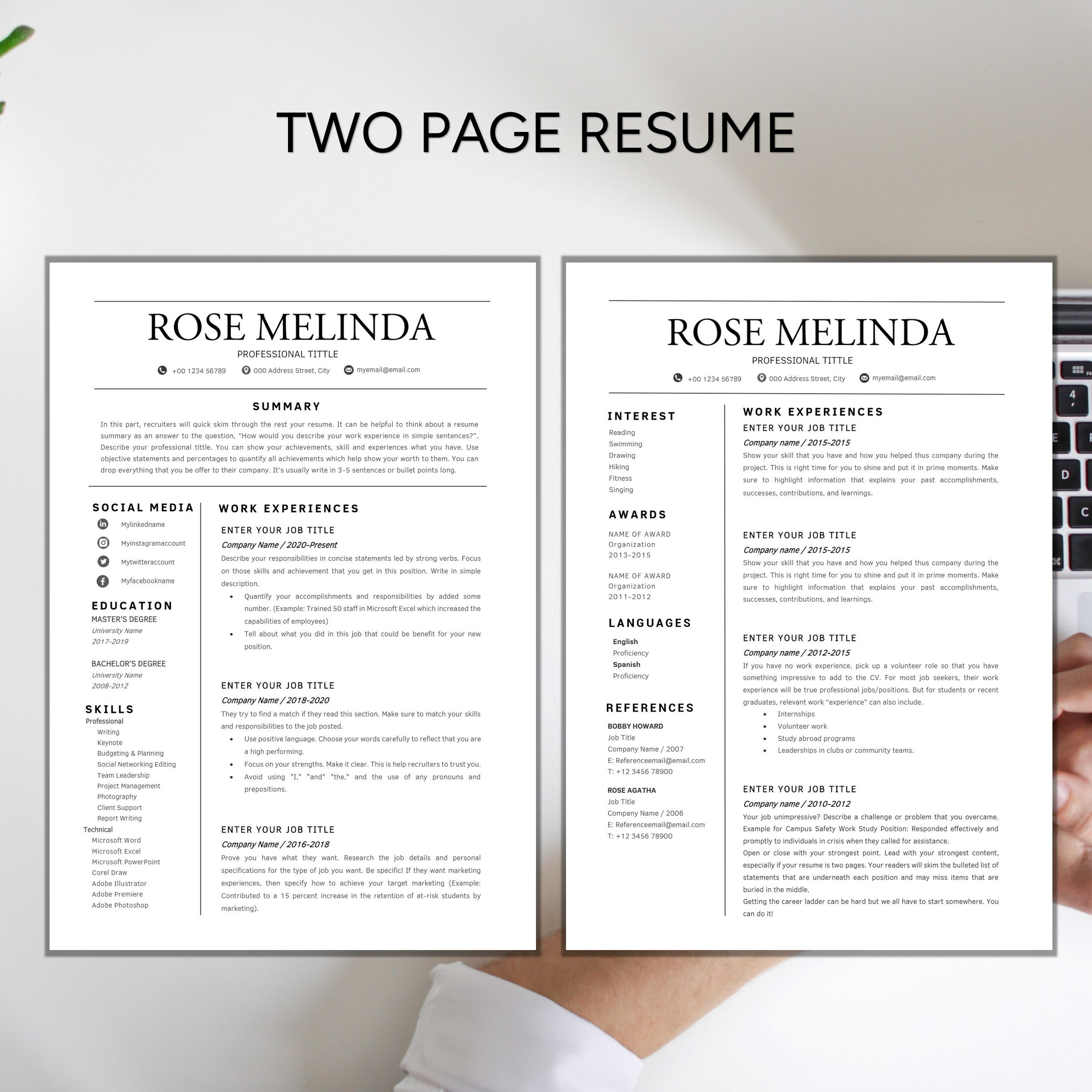 2 Pages Resume Template Word, Cv Template, Professional Resume ...
