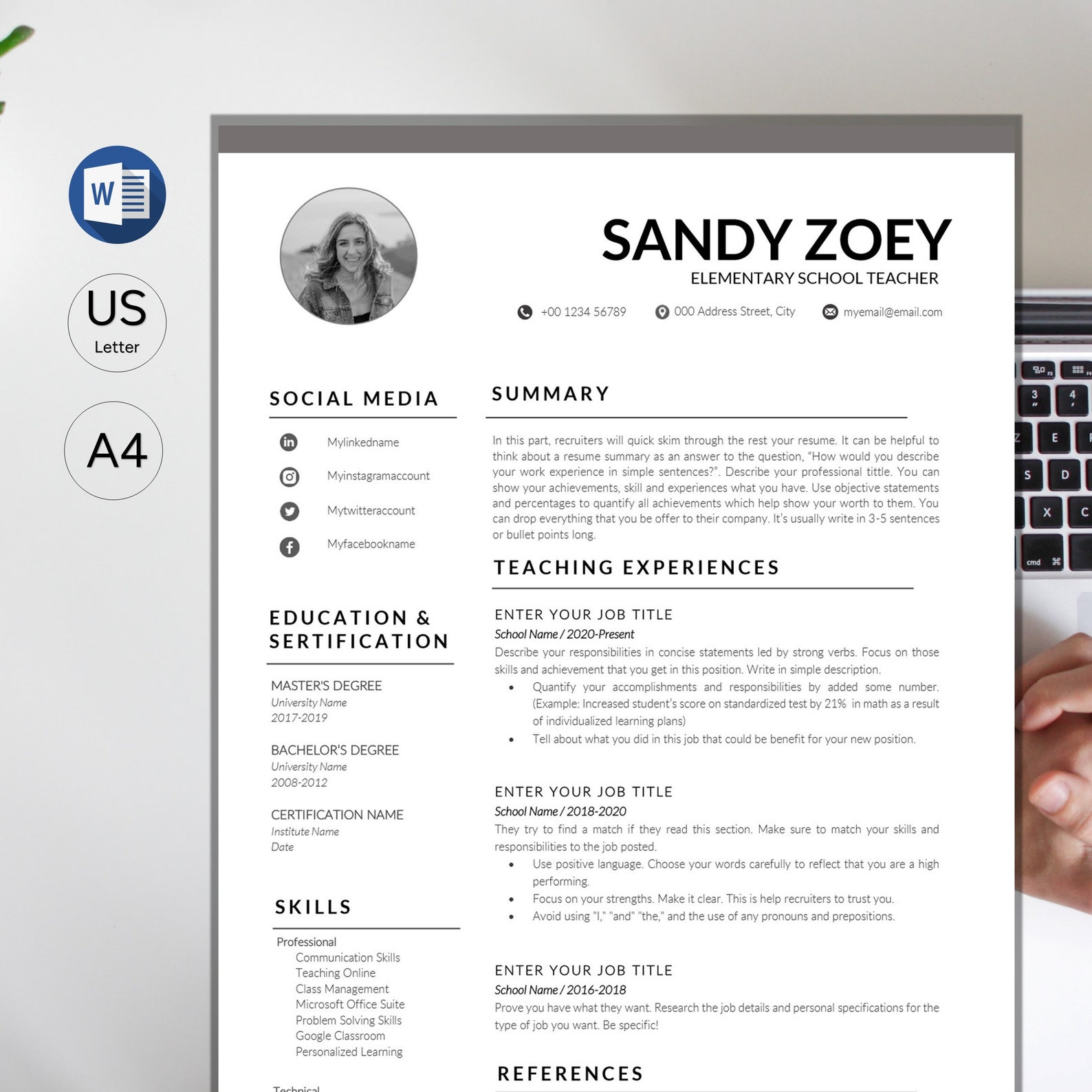 Teacher Resume Word, Cv Template, Teaching Resume, Teacher Cv Template ...