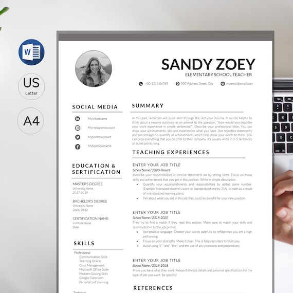 Teacher Resume Word Cv Template Teaching Resume Teacher Cv | Etsy