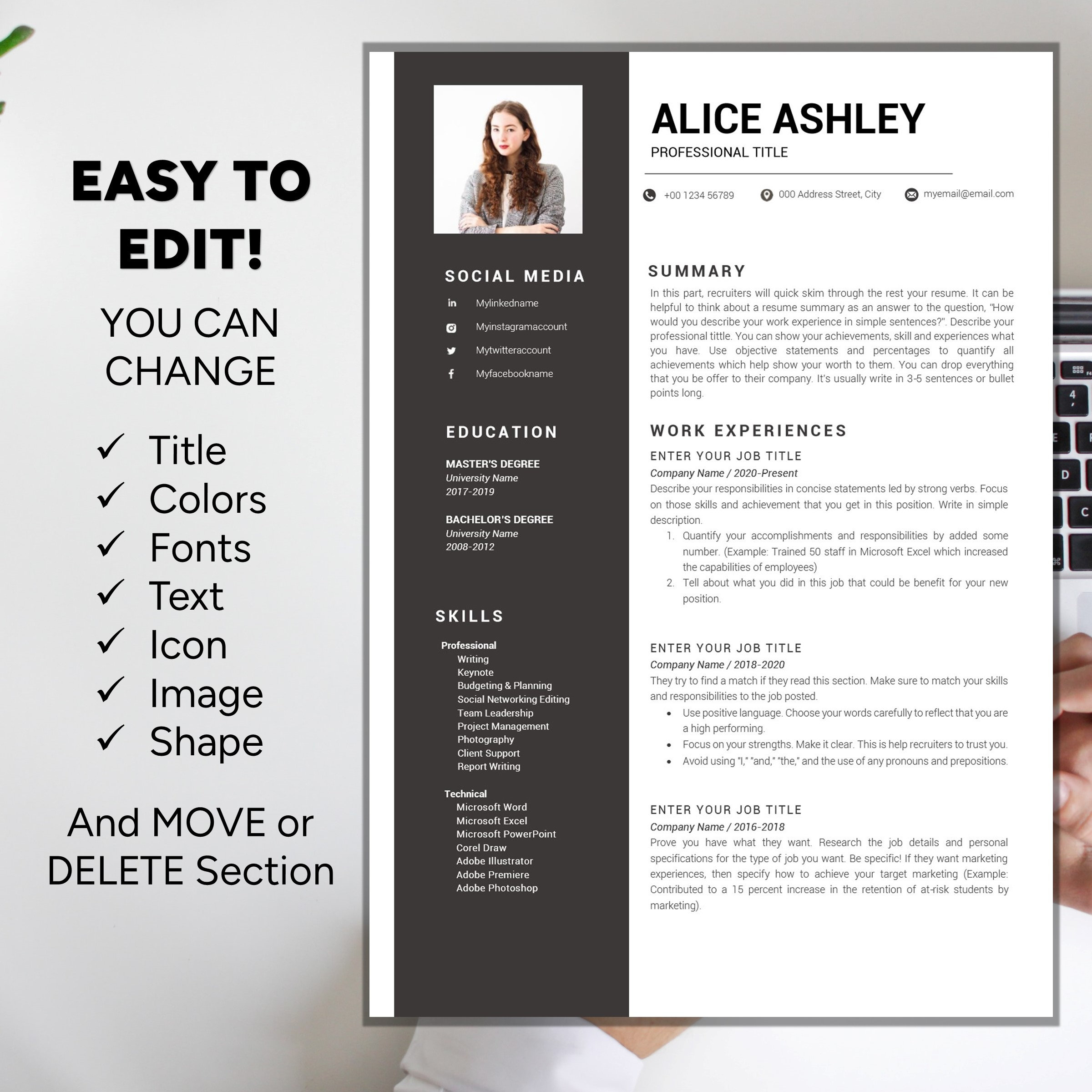 Dark Resume Template Word, Cv Template, Professional Resume, Creative ...