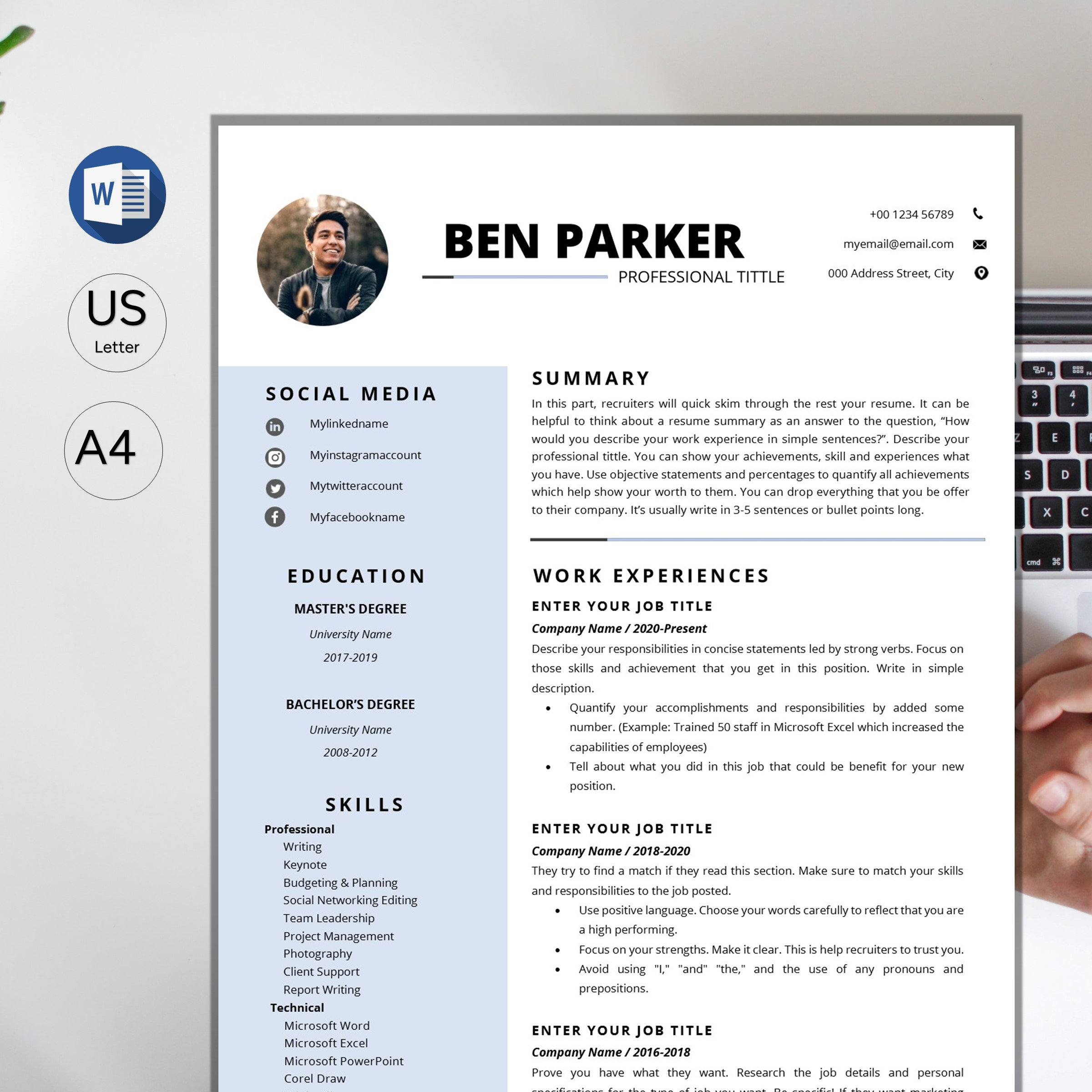 Light Resume Template Word, Cv Template, Professional Resume, Creative ...