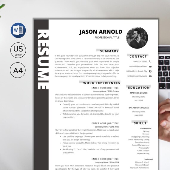 Black Resume Template Word Cv Template Professional Resume | Etsy